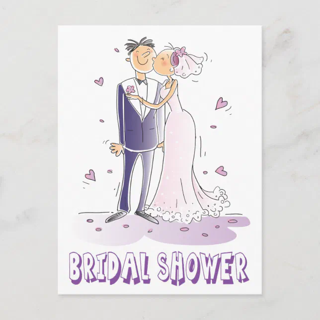 Purple Bridal Shower Cartoon Bride & Groom Wedding Invitation Postcard ...