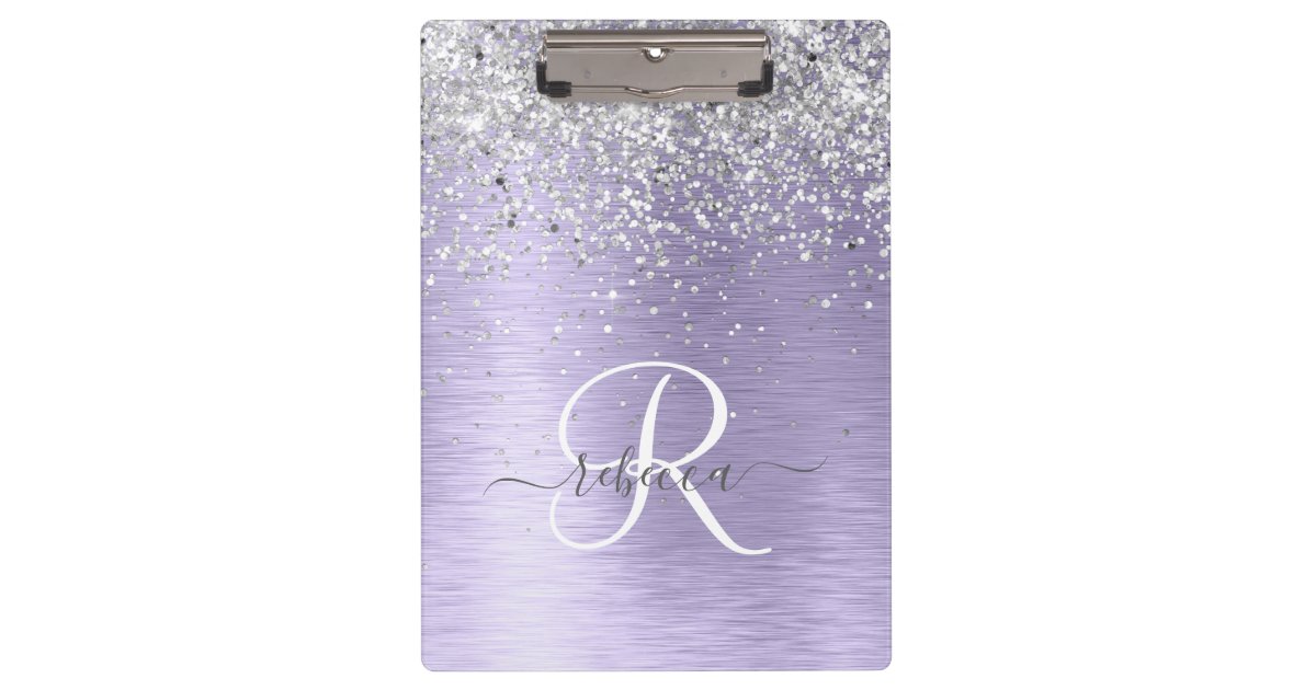 Purple Brushed Metal Silver Glitter Monogram Name Clipboard | Zazzle