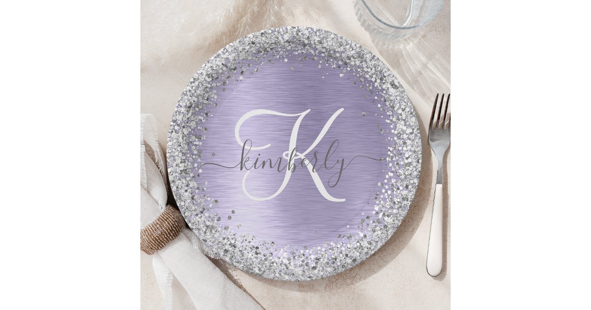 Purple Brushed Metal Silver Glitter Monogram Name Paper Plates | Zazzle
