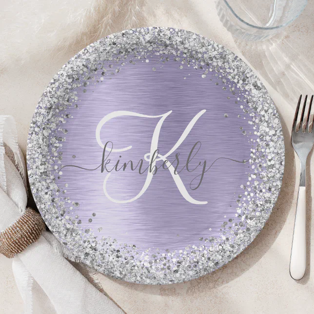Purple Brushed Metal Silver Glitter Monogram Name Paper Plates | Zazzle