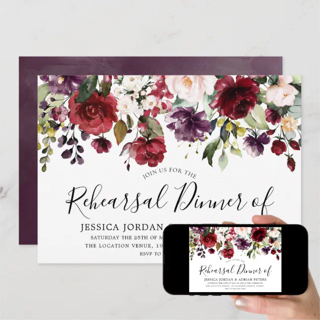 Purple Burgundy Red Blush Floral Rehearsal Dinner Invitation | Zazzle