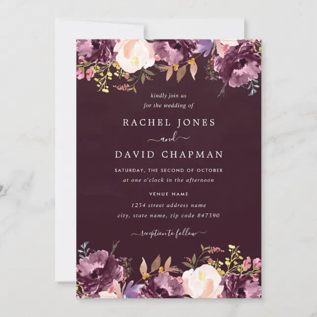 Purple Burgundy Watercolor Floral Bloom Wedding Invitation | Zazzle