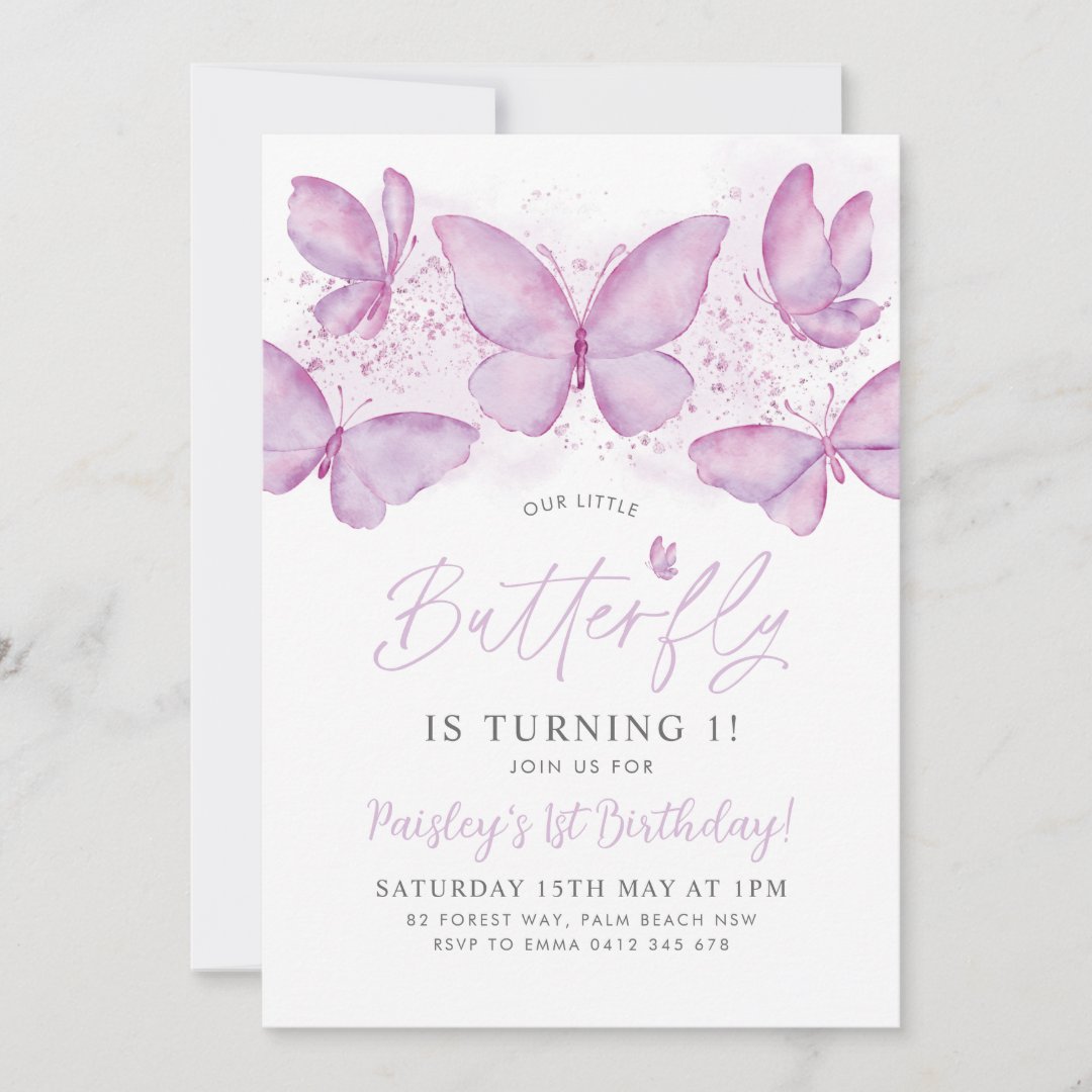 Purple Butterfly 1st Birthday Invitation Baby Girl | Zazzle