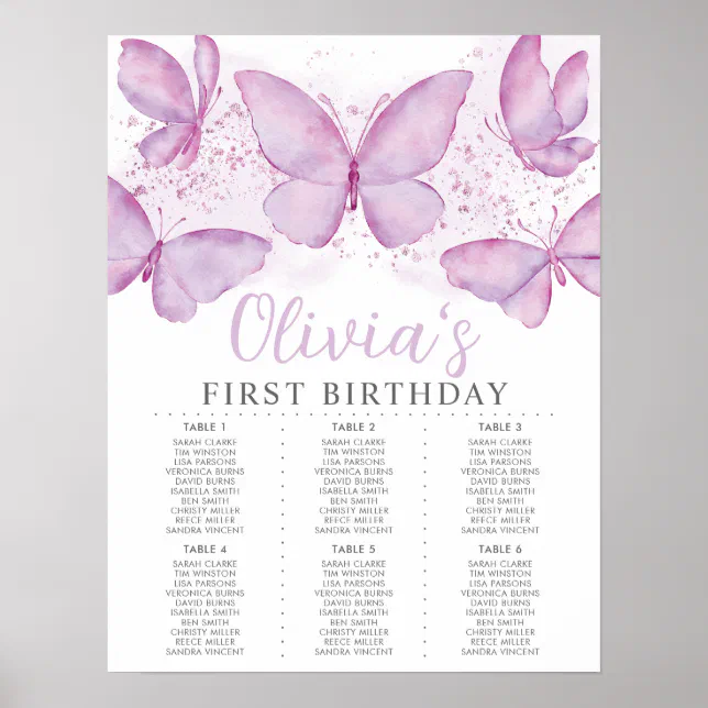 Purple Butterfly 1st Birthday Seating Chart Sign | Zazzle
