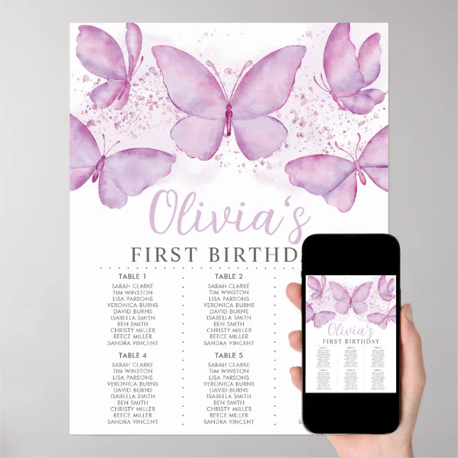 Purple Butterfly 1st Birthday Seating Chart Sign | Zazzle