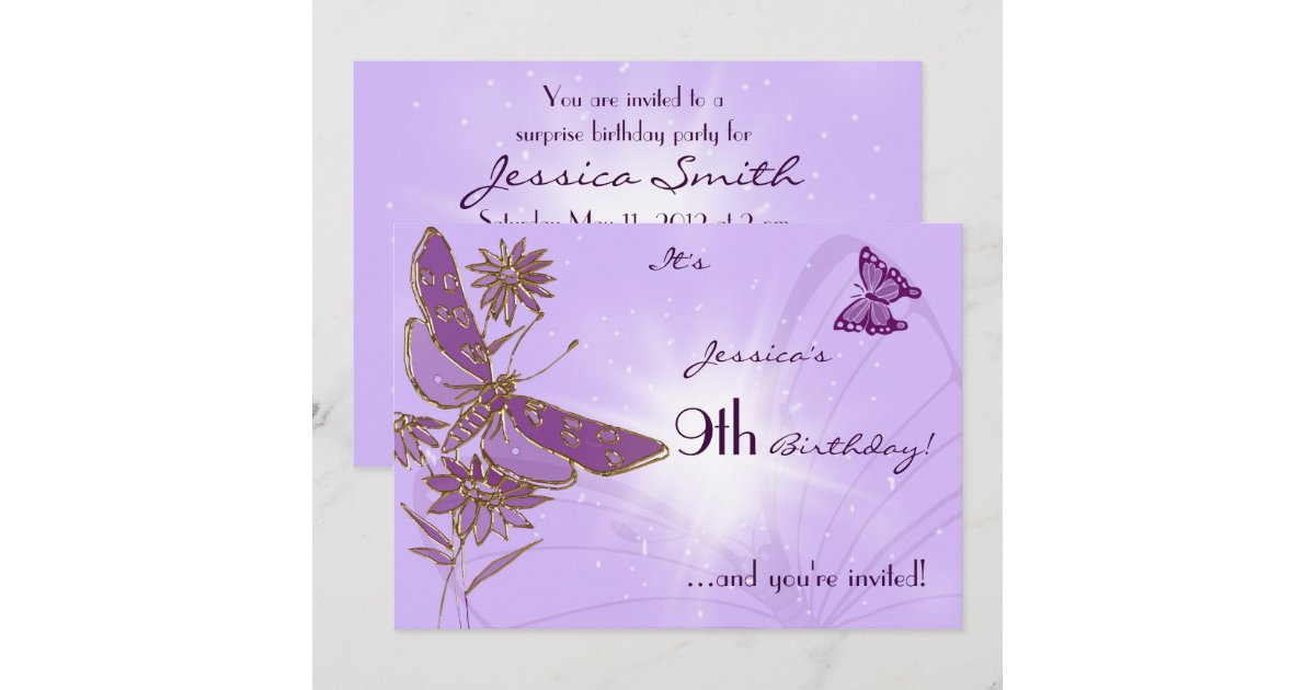 Purple Butterfly Birthday Invitation Card | Zazzle
