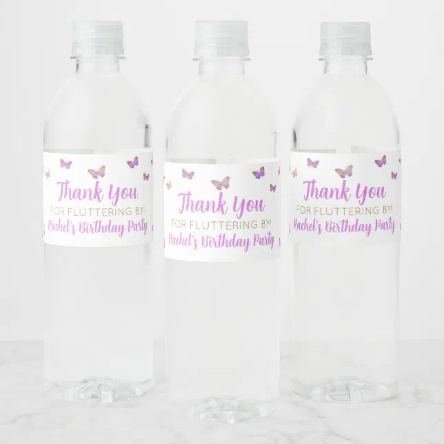 Purple Butterfly Birthday Party Favor Water Bottle Label | Zazzle