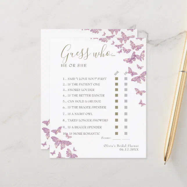 Purple Butterfly Boho Bridal Shower Guess Who Game | Zazzle