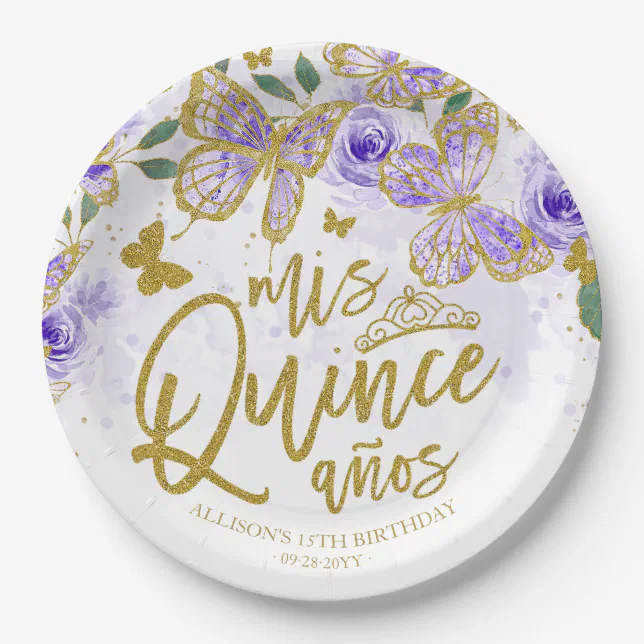 Purple Butterfly Floral Quinceanera Party Paper Plates | Zazzle