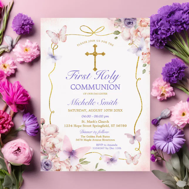 Purple Butterfly Pink Floral First Holy Communion Invitation | Zazzle