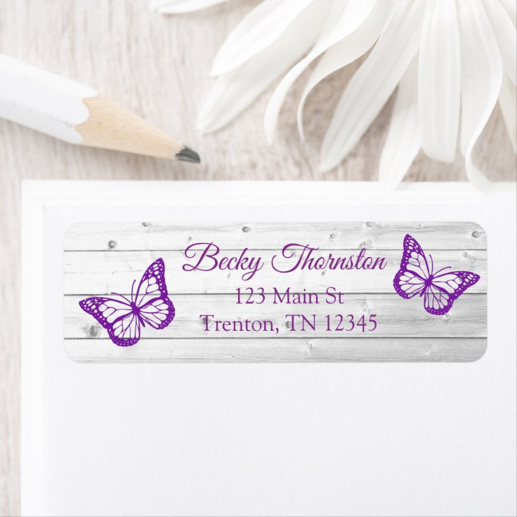 Purple Butterfly Rustic Wood Return Address Label | Zazzle