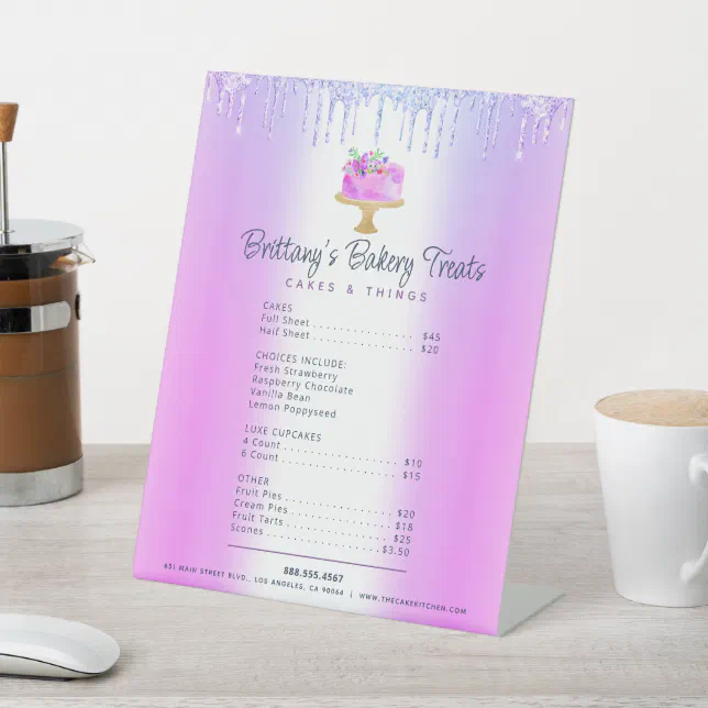 Purple Cake Bakery Glitter Drips Menu Price List Pedestal Sign | Zazzle