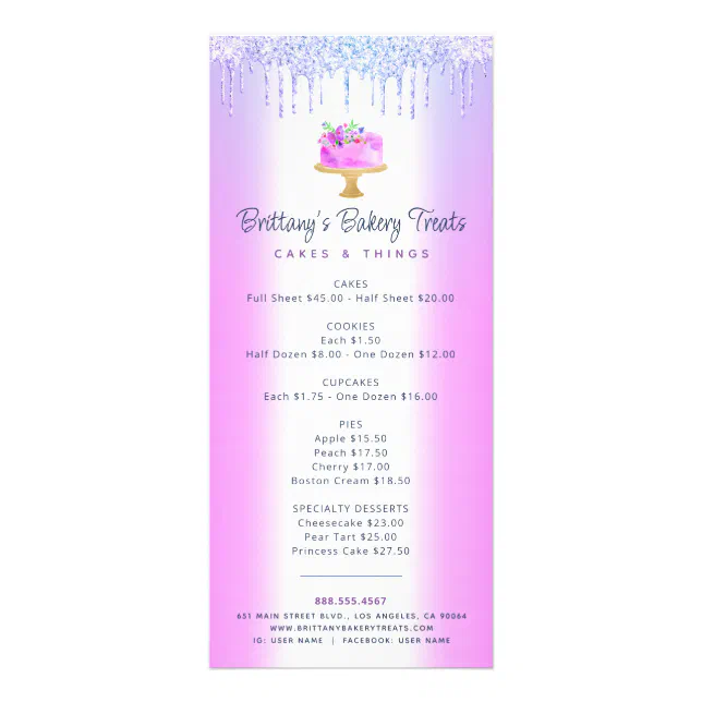 Purple Cake Bakery Glitter Drips Pastry Chef Menu | Zazzle