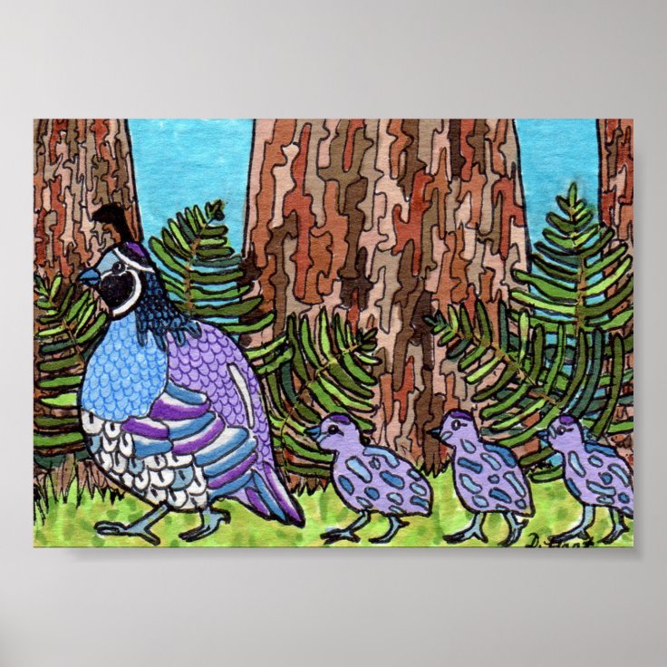 Purple California Quail with Babies Mini Folk Art Poster | Zazzle