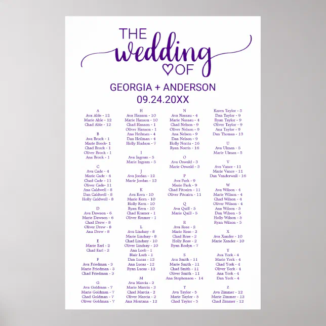 Purple Calligraphy Alphabetical Seating Chart | Zazzle