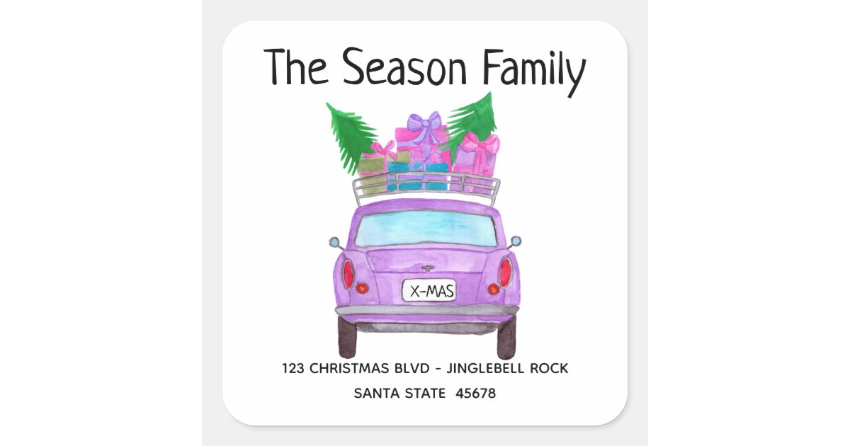 Purple Car with Christmas Gifts Square Sticker | Zazzle