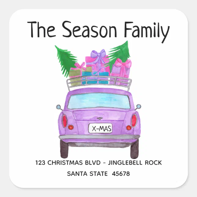 Purple Car with Christmas Gifts Square Sticker | Zazzle