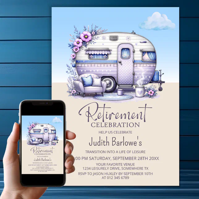 Purple Caravan Retirement Party Invitation | Zazzle