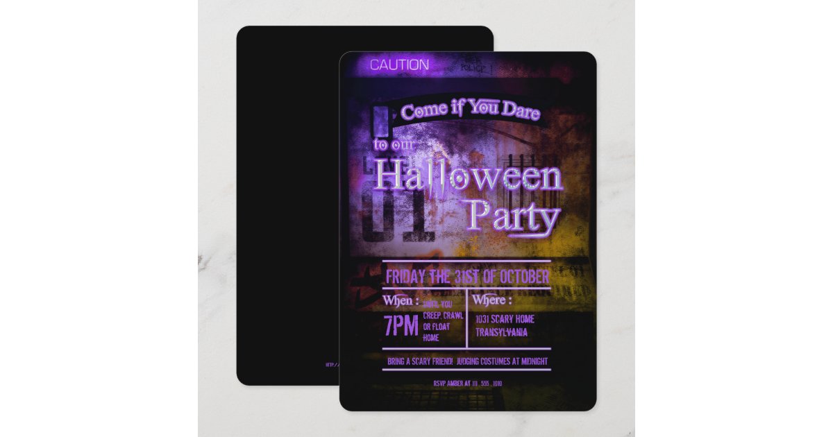 Purple Caution Level 01 Halloween Party Invitation | Zazzle