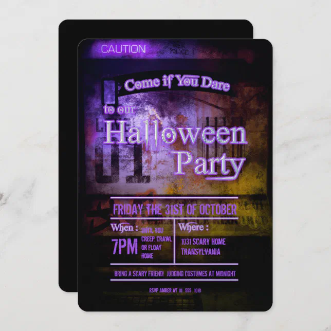 Purple Caution Level 01 Halloween Party Invitation | Zazzle