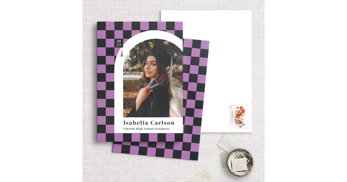 Purple Checkered Arch Photo Graduation Annoucement Announcement | Zazzle