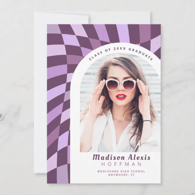 Purple Checkered Arch Photo Retro Graduation Announcement | Zazzle