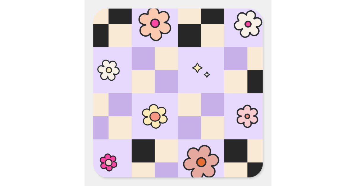Purple Checkered Daisies Retro Flower Check Square Sticker | Zazzle