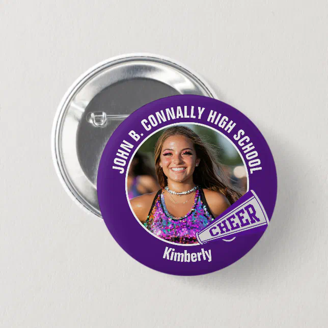 Purple Cheerleader Photo High School Spirit Cheer Button | Zazzle