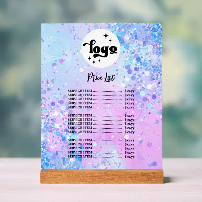 purple chunky glitter design price list acrylic sign | Zazzle