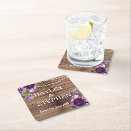 Purple Coasters Rustic Wood Flowers Wedding Party | Zazzle