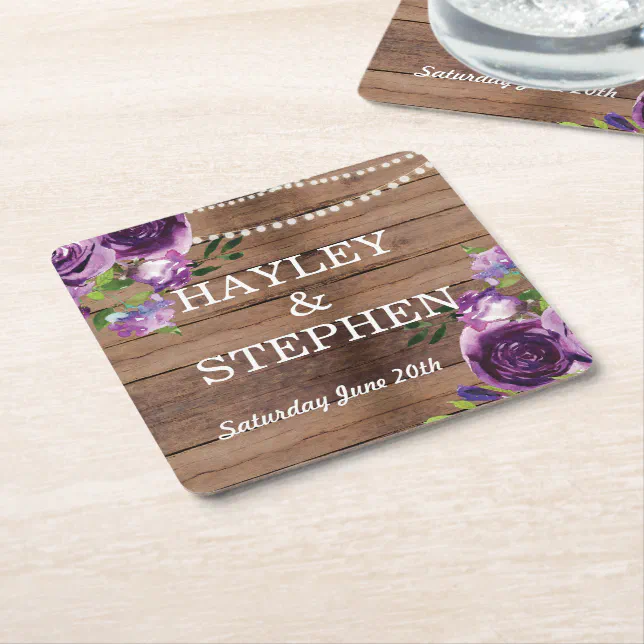 Purple Coasters Rustic Wood Flowers Wedding Party | Zazzle