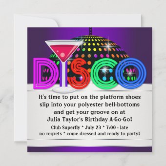 Purple Cocktail Disco Party Invitations | Zazzle