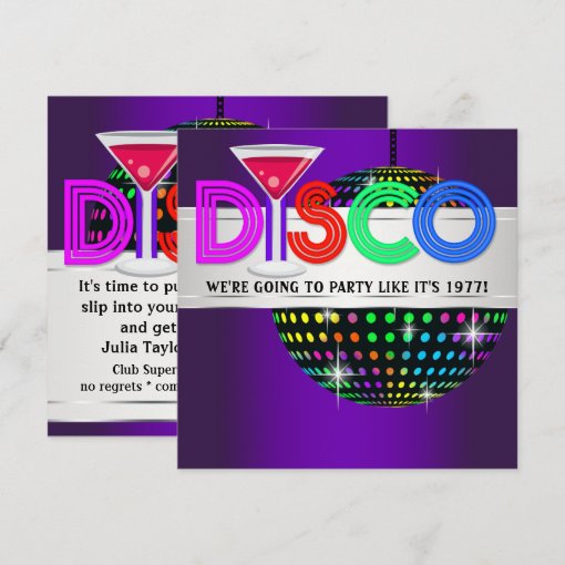Purple Cocktail Disco Party Invitations | Zazzle