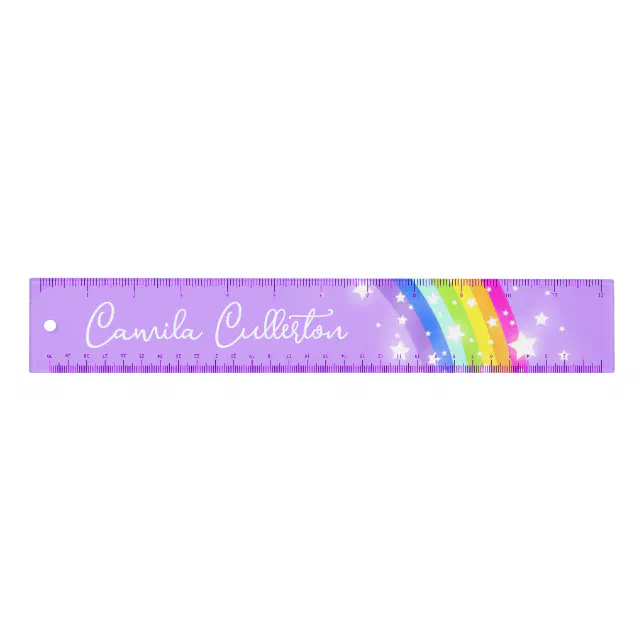 Purple colorful rainbow and stars custom name ruler | Zazzle