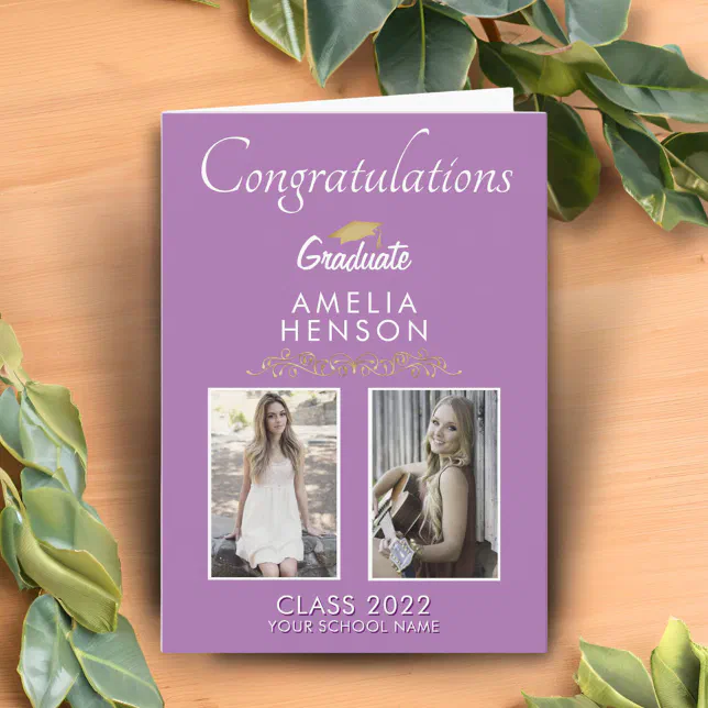 Purple Congratulations Graduate 2 Photo Graduation Card | Zazzle