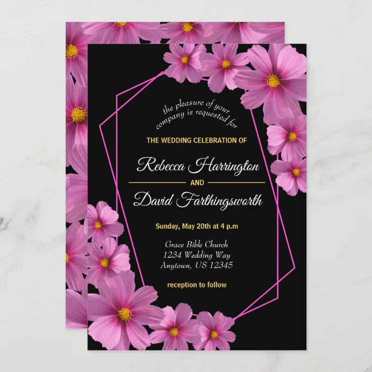 Purple Cosmos Flowers on Black Background Wedding Invitation | Zazzle