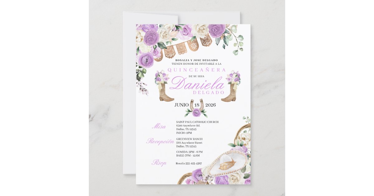 Purple Cowgirl Boots & Ropes Mariachi Quinceañera Invitation | Zazzle