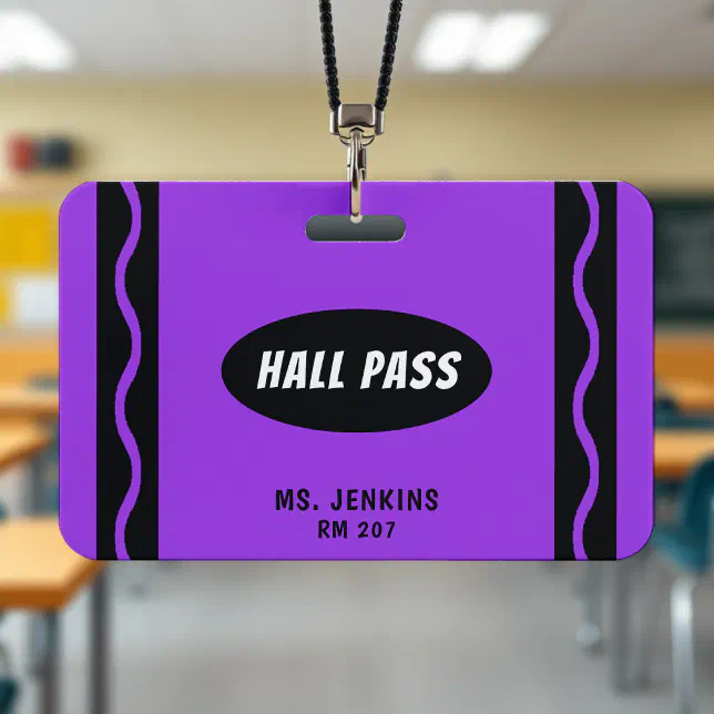 Purple Crayon Teacher Student Classroom Hall Pass Badge | Zazzle