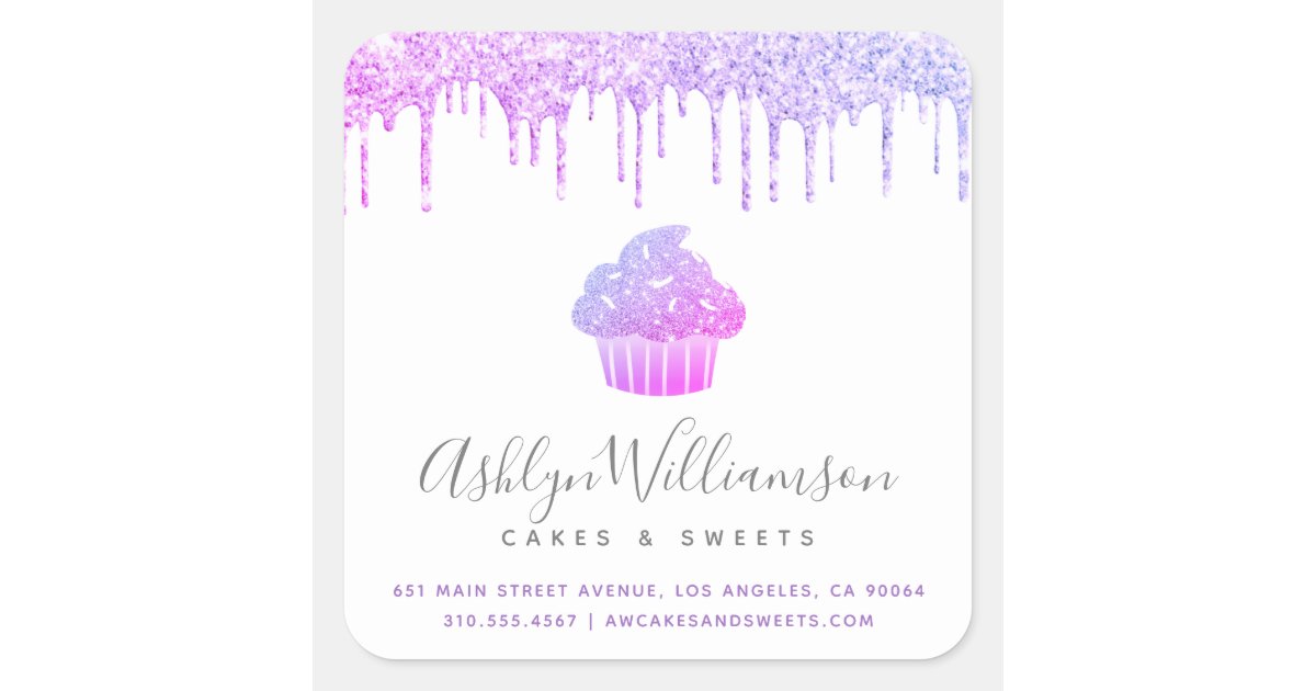 Purple Cupcake Bakery Pastry Chef Glitter Drips Square Sticker | Zazzle.com