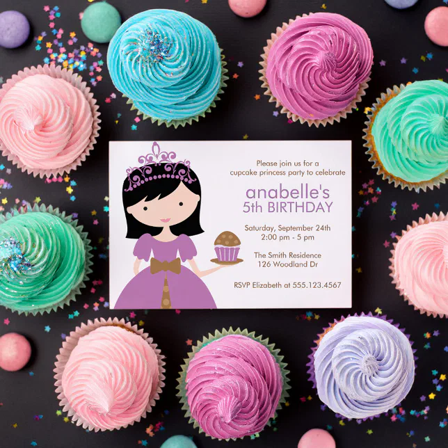 Purple Cupcake Princess Birthday Party Invitation | Zazzle