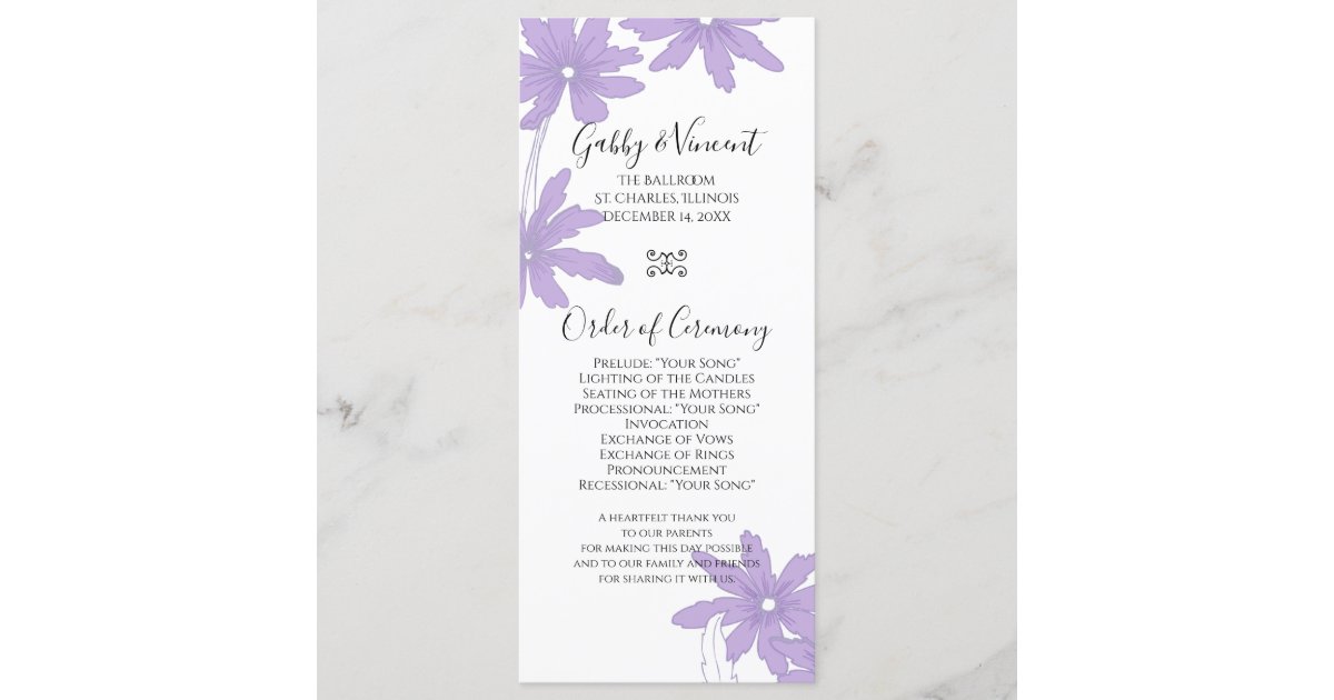 Purple Daisies on White Wedding Program | Zazzle