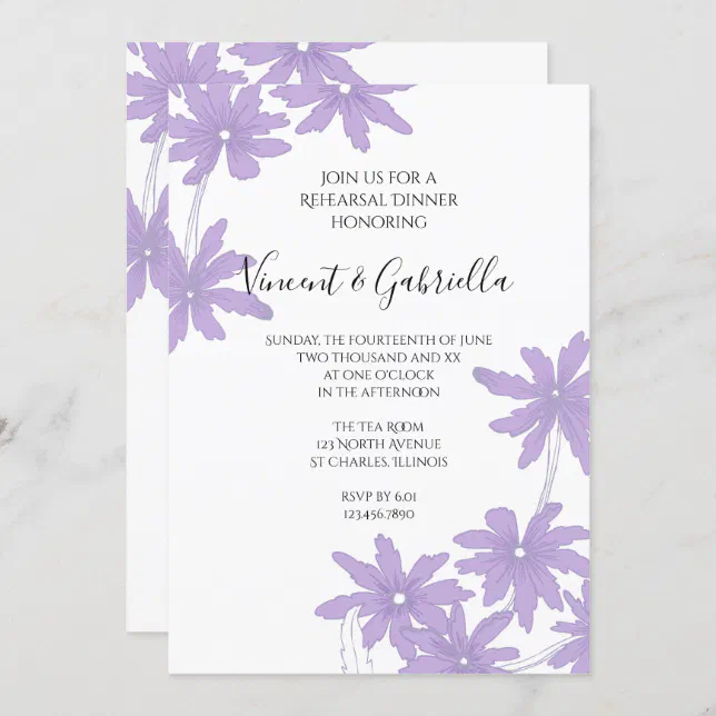 Purple Daisies on White Wedding Rehearsal Dinner Invitation | Zazzle