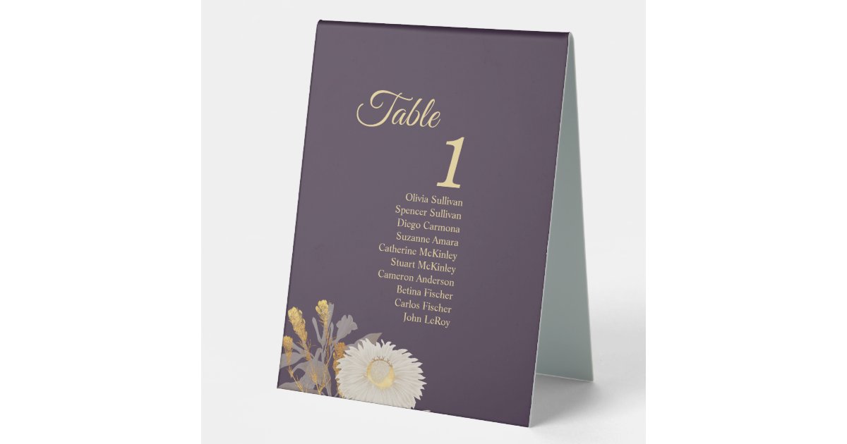 Purple Daisy Antique Table Tent Sign with Guests | Zazzle