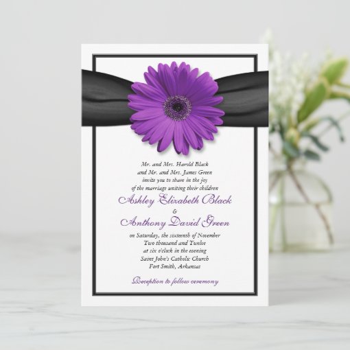 Purple Daisy Black Ribbon Wedding Invitation | Zazzle