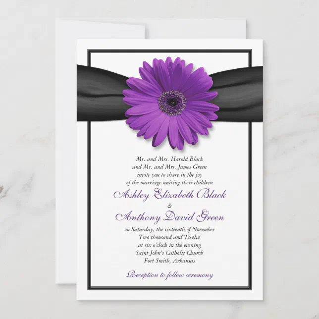 Purple Daisy Black Ribbon Wedding Invitation | Zazzle