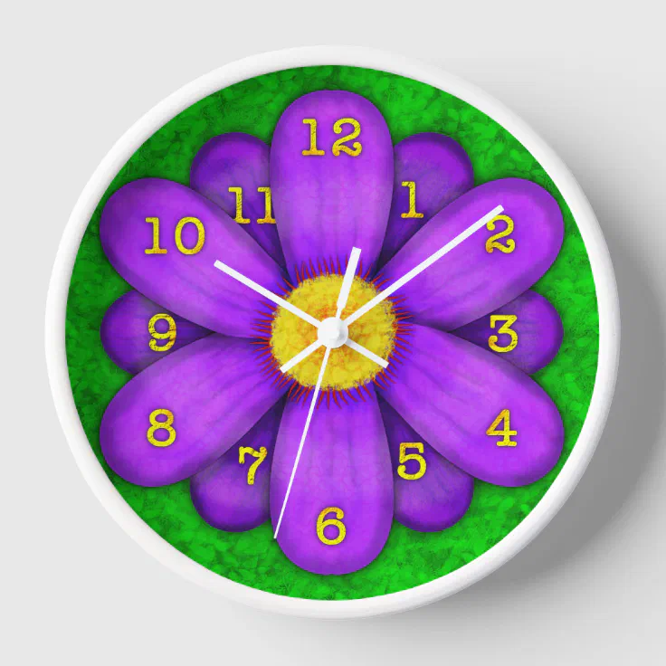 Purple Daisy Flower on Green Beautiful Wall Clock | Zazzle