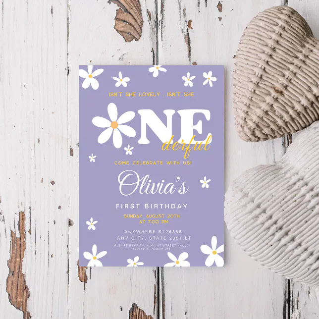 Purple daisy Isn't She Onederful 1st Birthday Invitation | Zazzle
