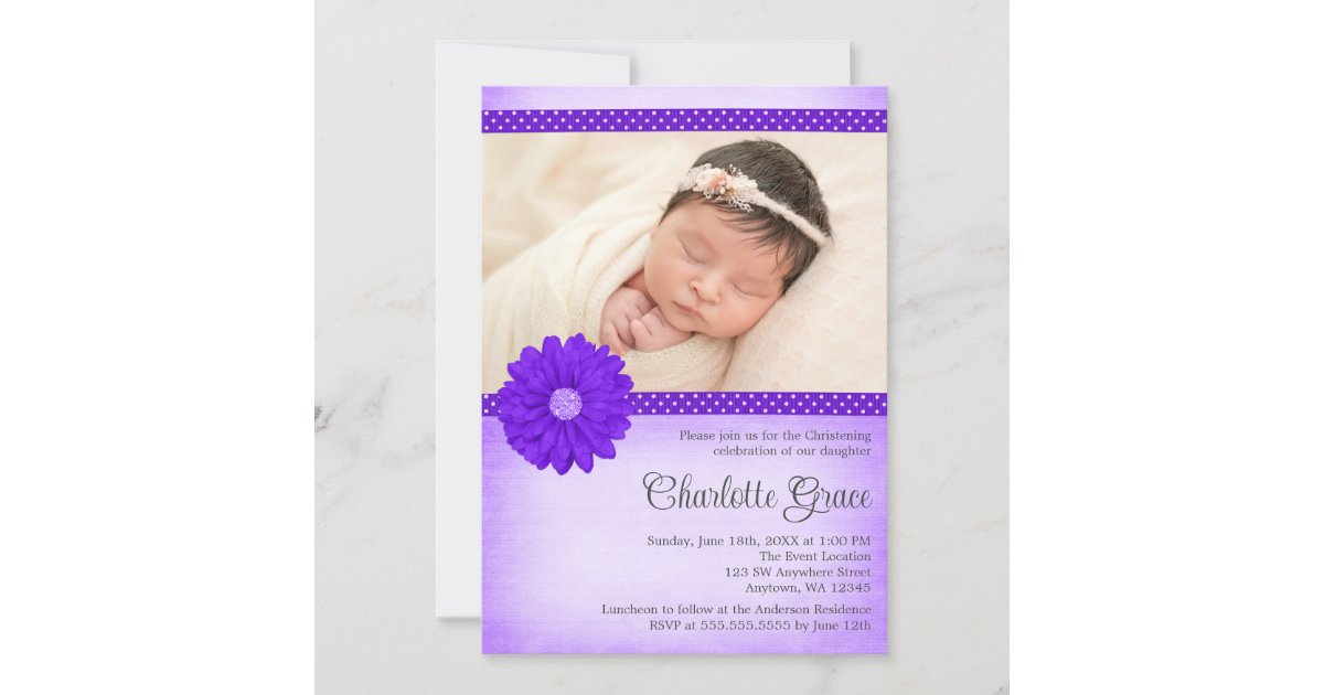 Purple Daisy Sparkle Photo Baptism Christening Invitation | Zazzle