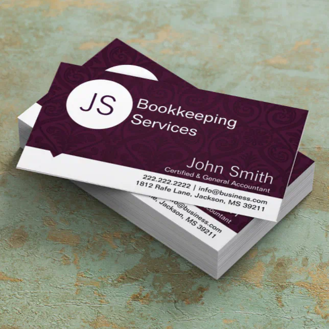 Purple Damask Bookkeeping/Accounting business card | Zazzle