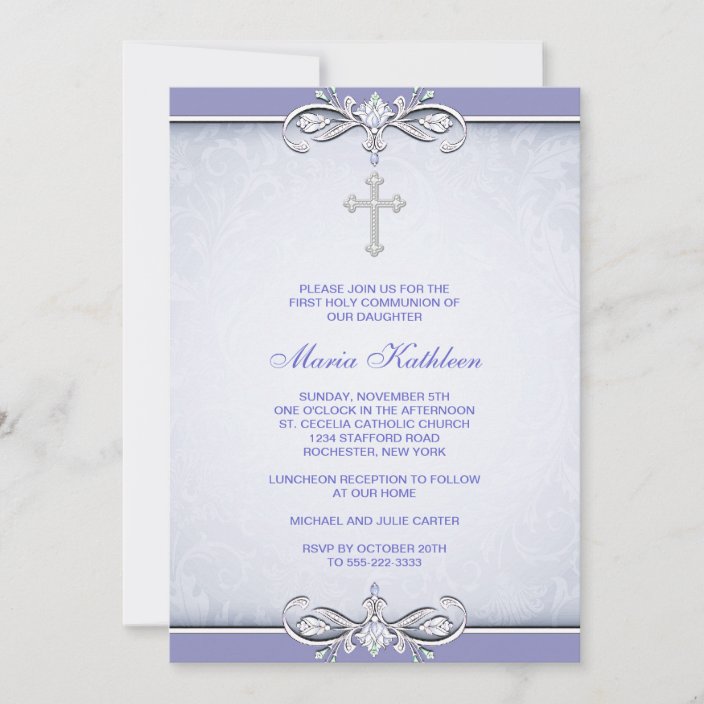 Purple Damask Cross First Communion Invitation | Zazzle